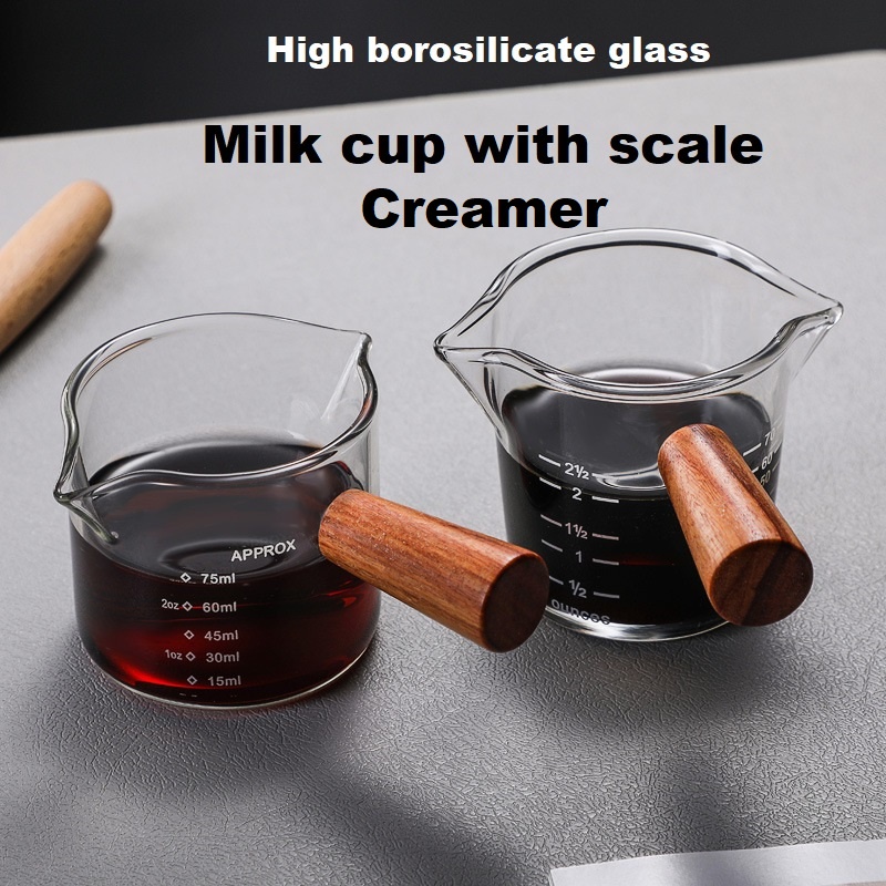 Mini Glass Milk Cup Creamer Jug Cup with wood handle and scale | Shopee ...
