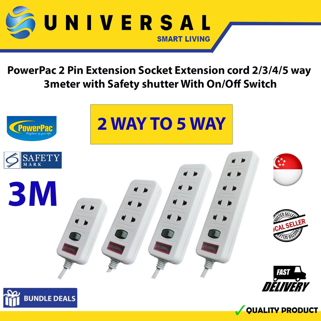 [SG SHOP SELLER] PowerPac 2 Pin Extension Socket Extension cord 2/3/4/5 ...