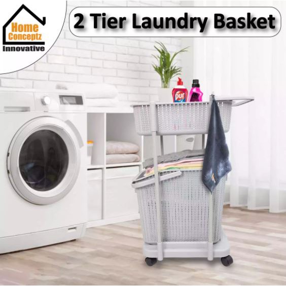Space Saving Multi-Purpose 2 Tier Laundry Basket with wheels Utility ...