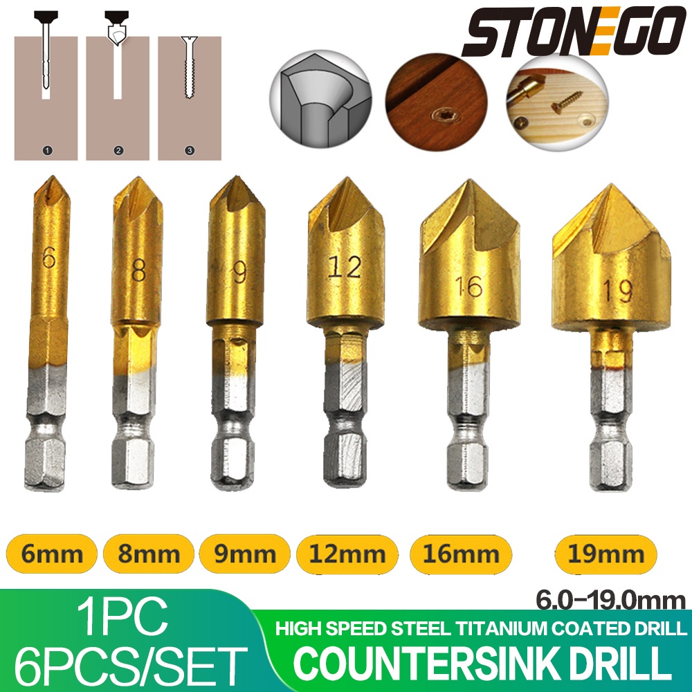 6 Pcs Titanium coating Countersink Drill Bit Set 1/4'' Hex Shank HSS 5 ...