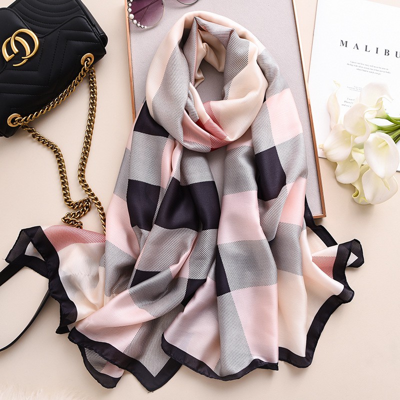 Fashion Lattice Silk Scarf for Ladies Long Soft Summer Scarves | Shopee ...