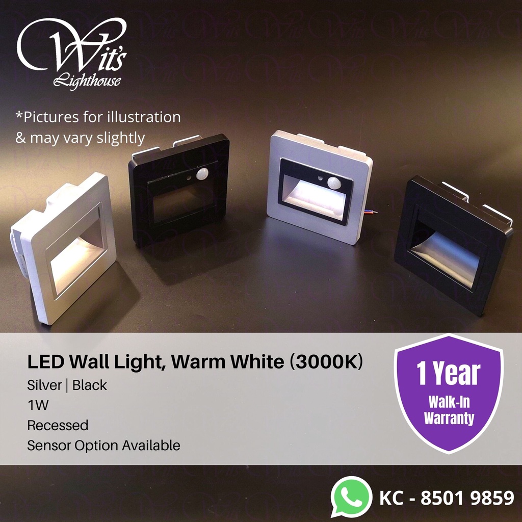 Slim LED Wall Light 1W Warm White (3000K) Silver Black Recessed for ...