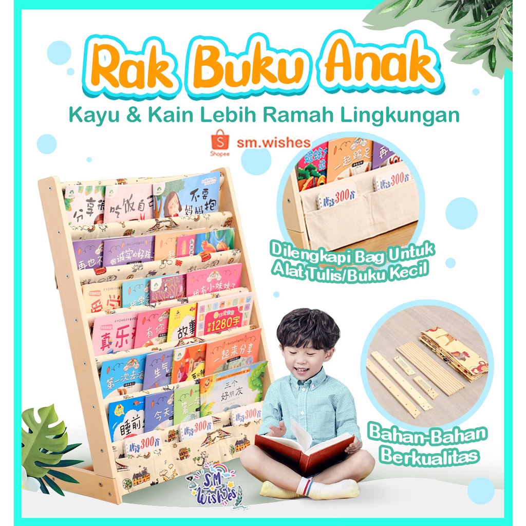 KAYU Solid Wood Kids Bookshelf And Eco-Friendly Fabric L Shape Motif ...