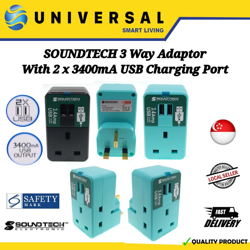 [SG SHOP SELLER] SOUNDTECH 3 Way Adaptor With 2 x 3400mA USB Charging ...