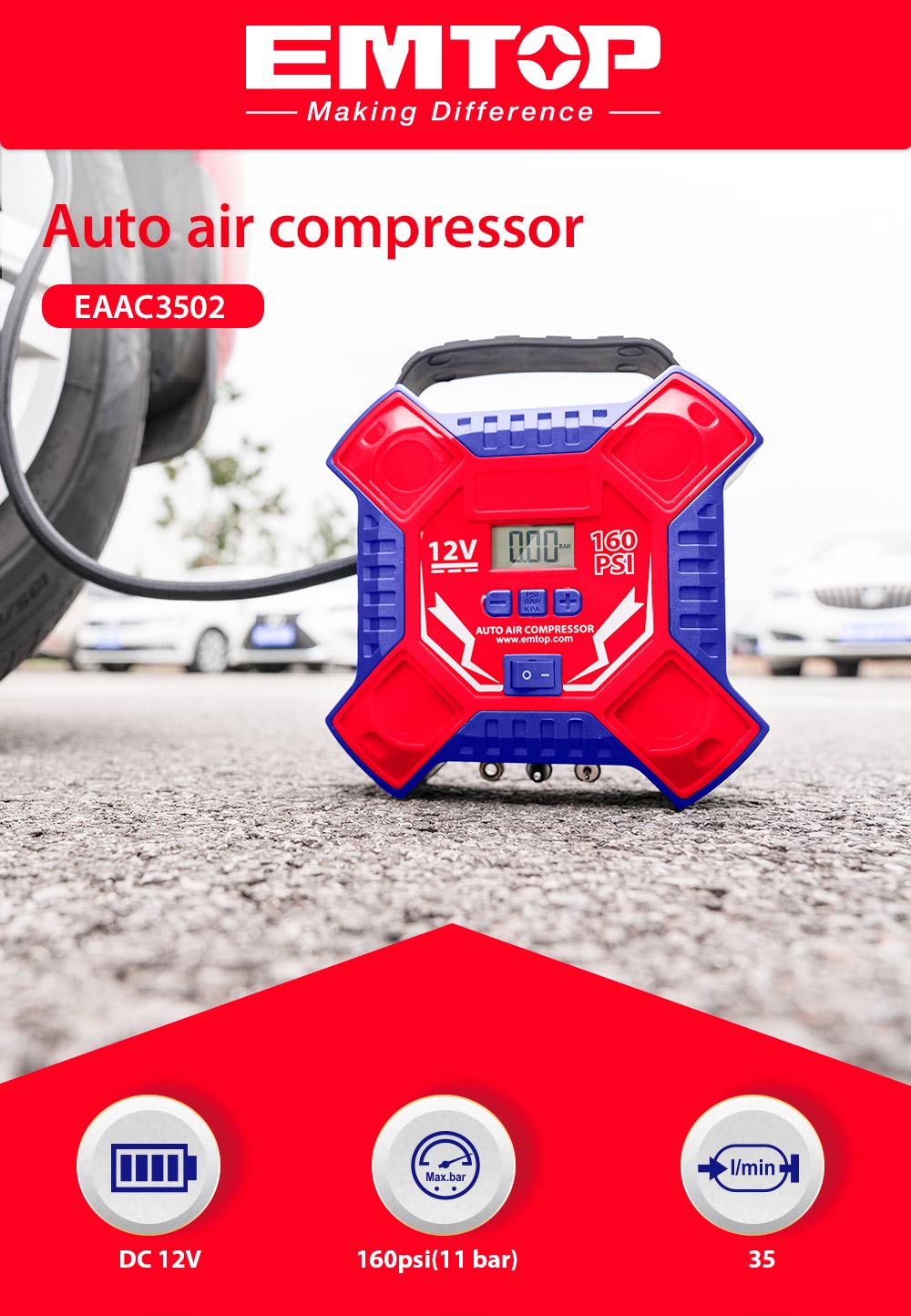 EMTOP 12V Portable Auto Air Compressor With Auto-Shutoff For Car ...
