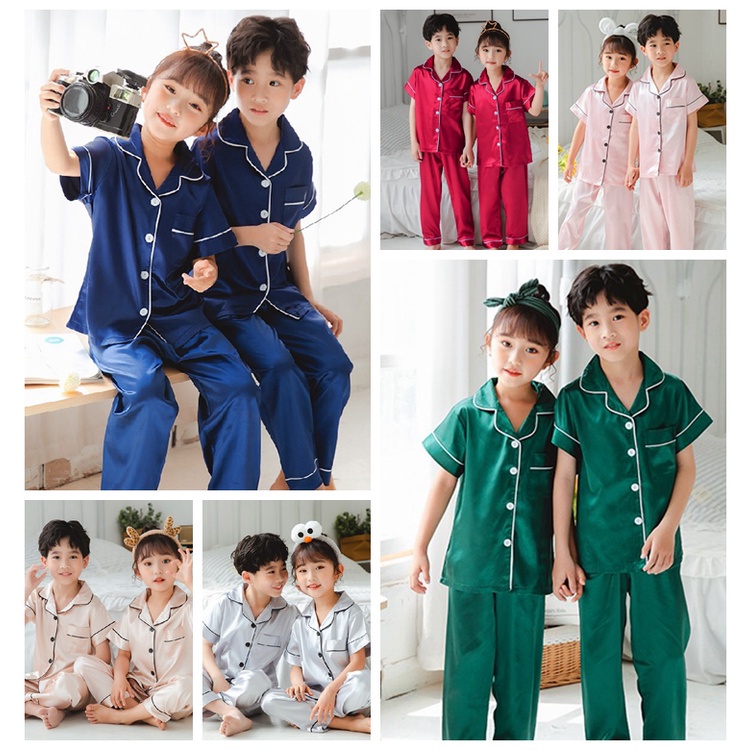 Kids Satin Silk Pajamas Short Sleeve Long Pants Kids Pyjamas Girls ...