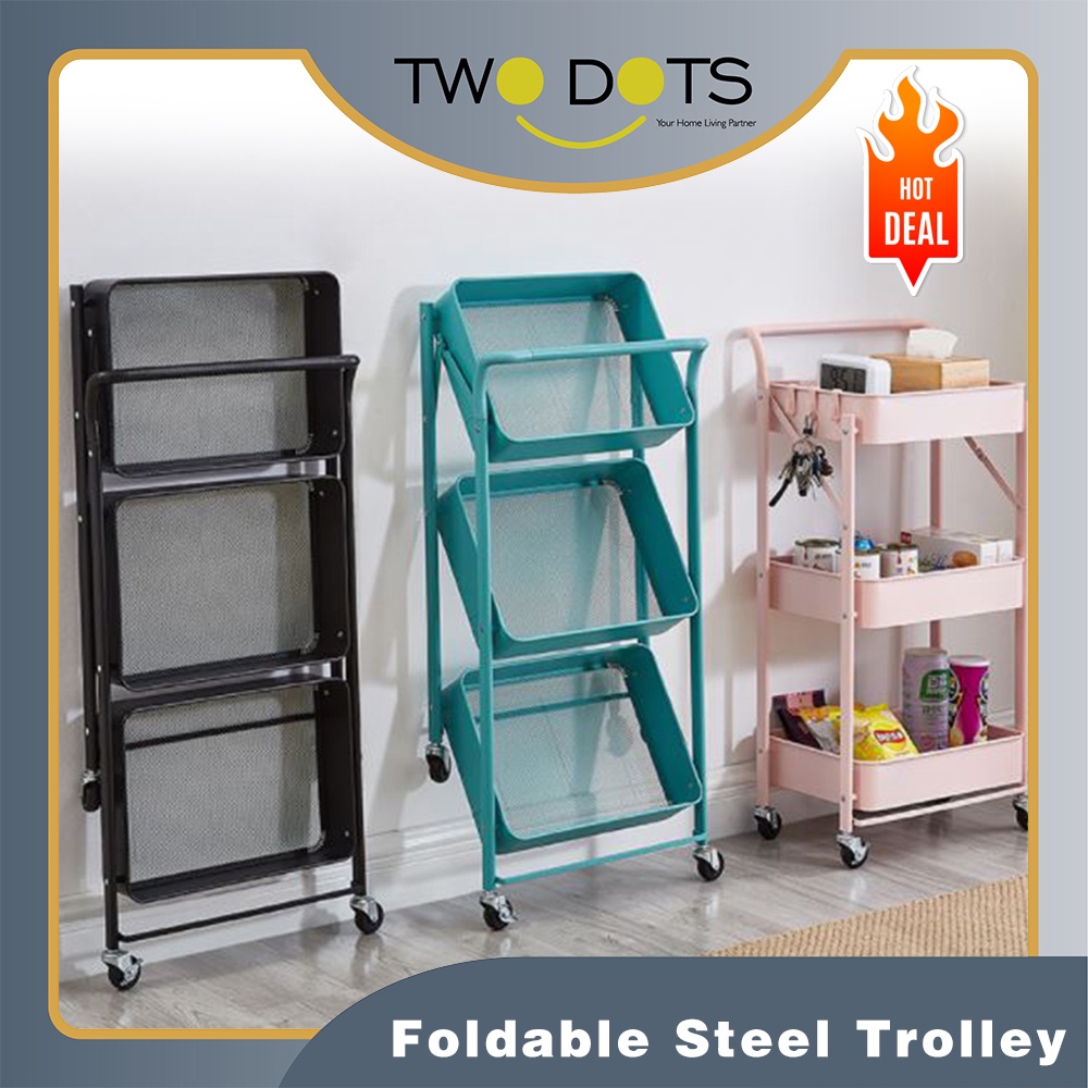 TwoDots 100% Steel Foldable Trolley Kitchen Rack 3Tiers Trolley Storage ...