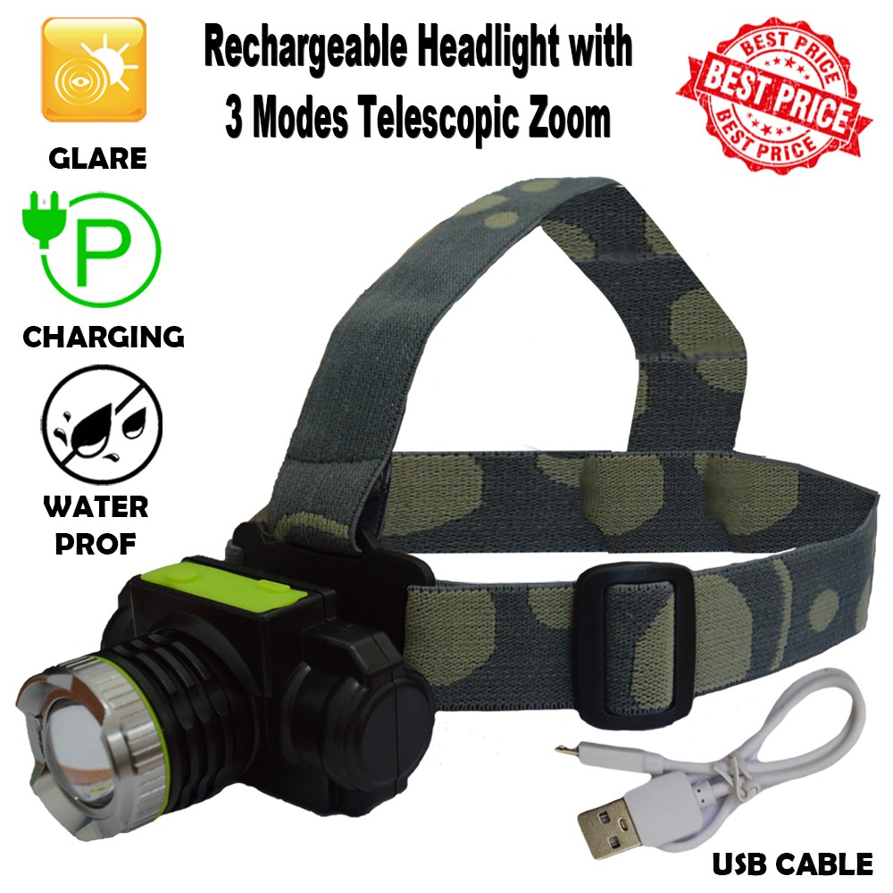 Cree XPE Rechargeable Headlight with 3 Modes Telescopic Zoom | Shopee ...