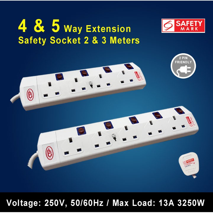 4 and 5 Way Extension Socket with Safety Mark (2 and 3 Meter) | Shopee ...