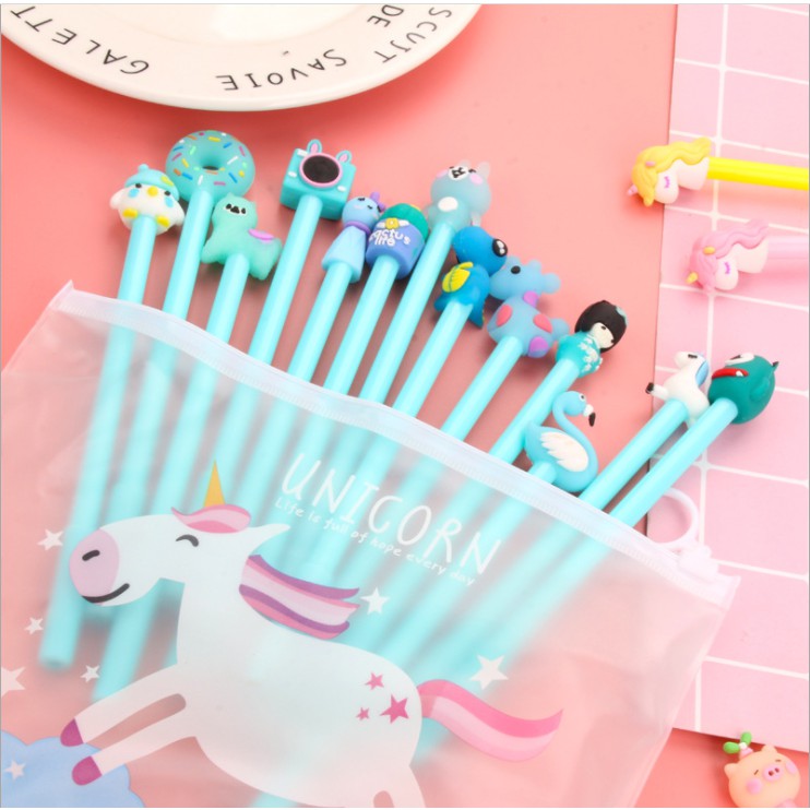 Set of 10 Water Ballpoint Pens, Cute Cartoon Pen Set (with carrying bag ...
