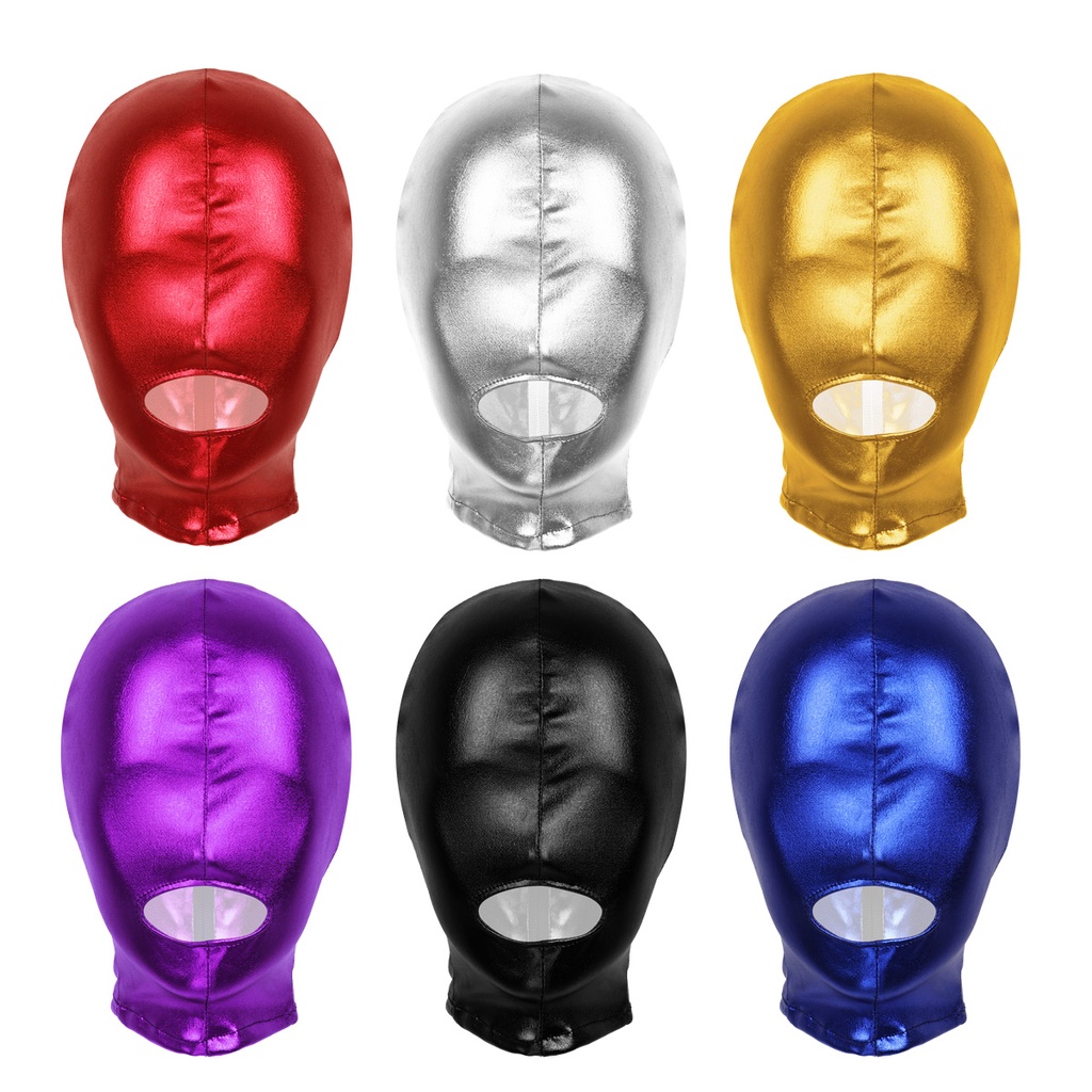 Unisex Men or Women Latex Shiny Metallic Open Mouth Hole Headgear Full ...