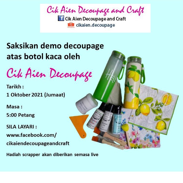Decoupage on Glass Bottle DIY full mini kit by Cik Aien with step by ...