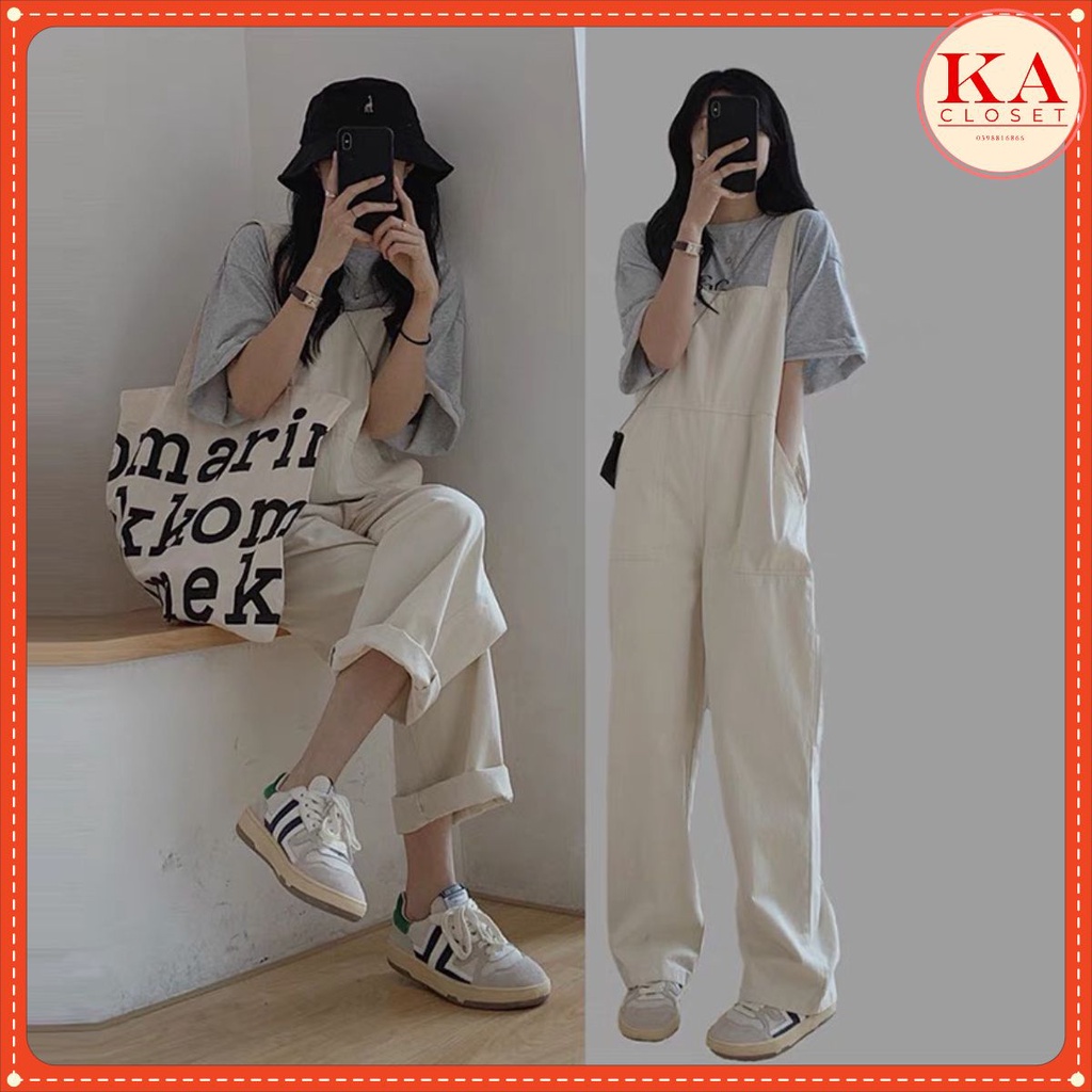 Korean style Ulzzang long loose KA milk beige overalls in trendy pastel ...