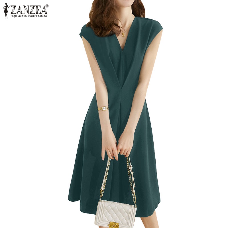Zanzea Women Solid Fashion Back Zipper Casual V Neck Sleeveless Midi