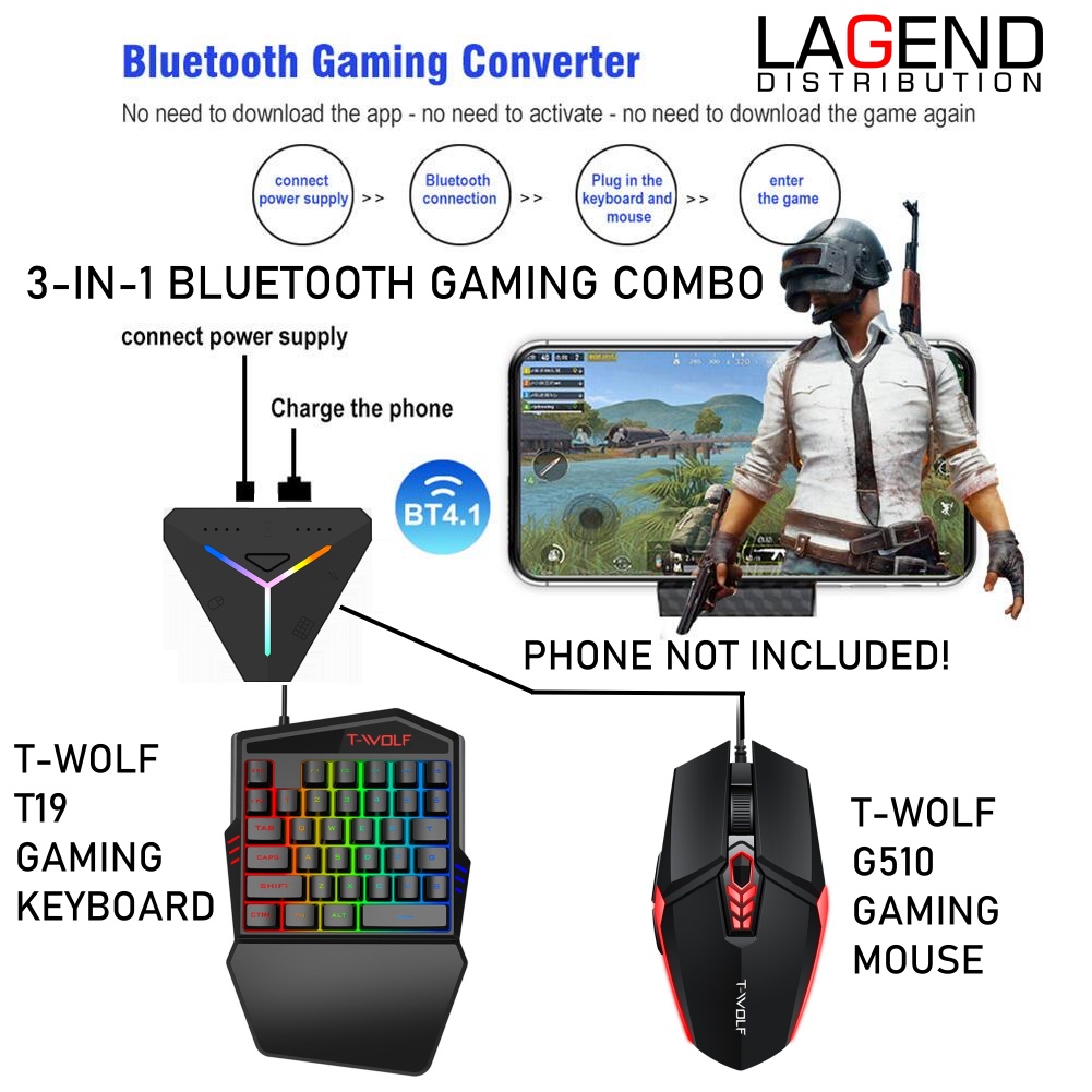 T-WOLF T19 One-Handed Mechanical Feel Gaming Keyboard / PUBG Converter ...