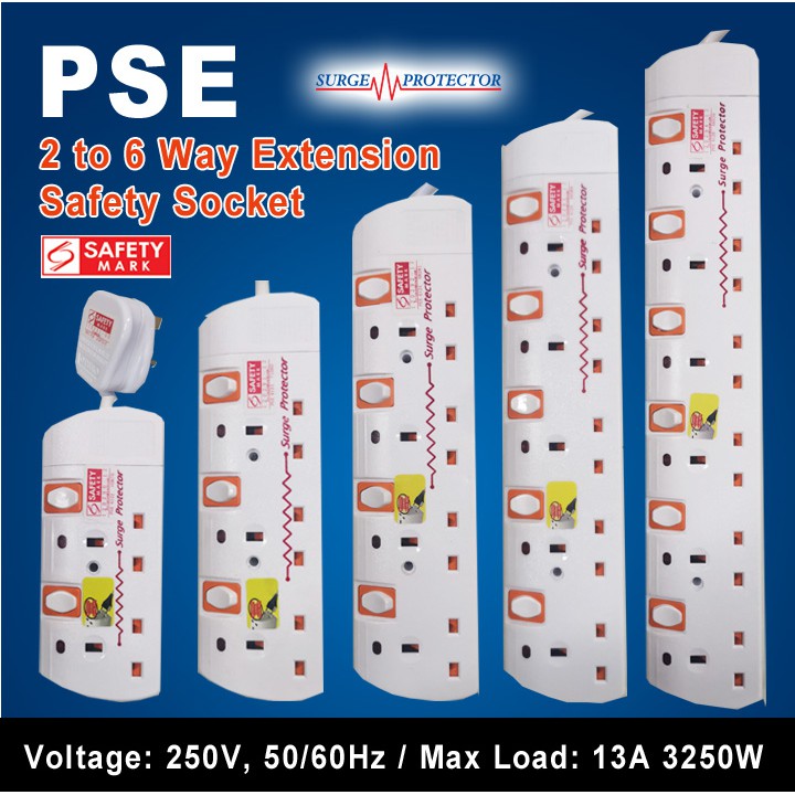 PSE 2 to 6 Way Extension Socket with Surge Protection and Safety Mark | Shopee Singapore