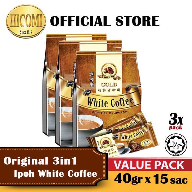 HICOMI GOLD 3 in 1 Ipoh Instant White Coffee 600g (40g X 15 Sachets) X 3 Packs | Shopee Singapore