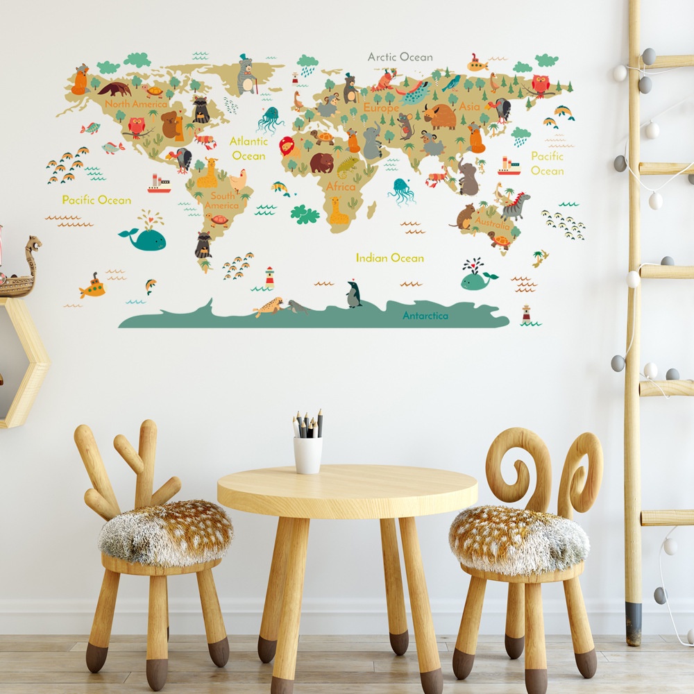 Removable Cartoon Animals World Map Wall Decals Educational Animal ...