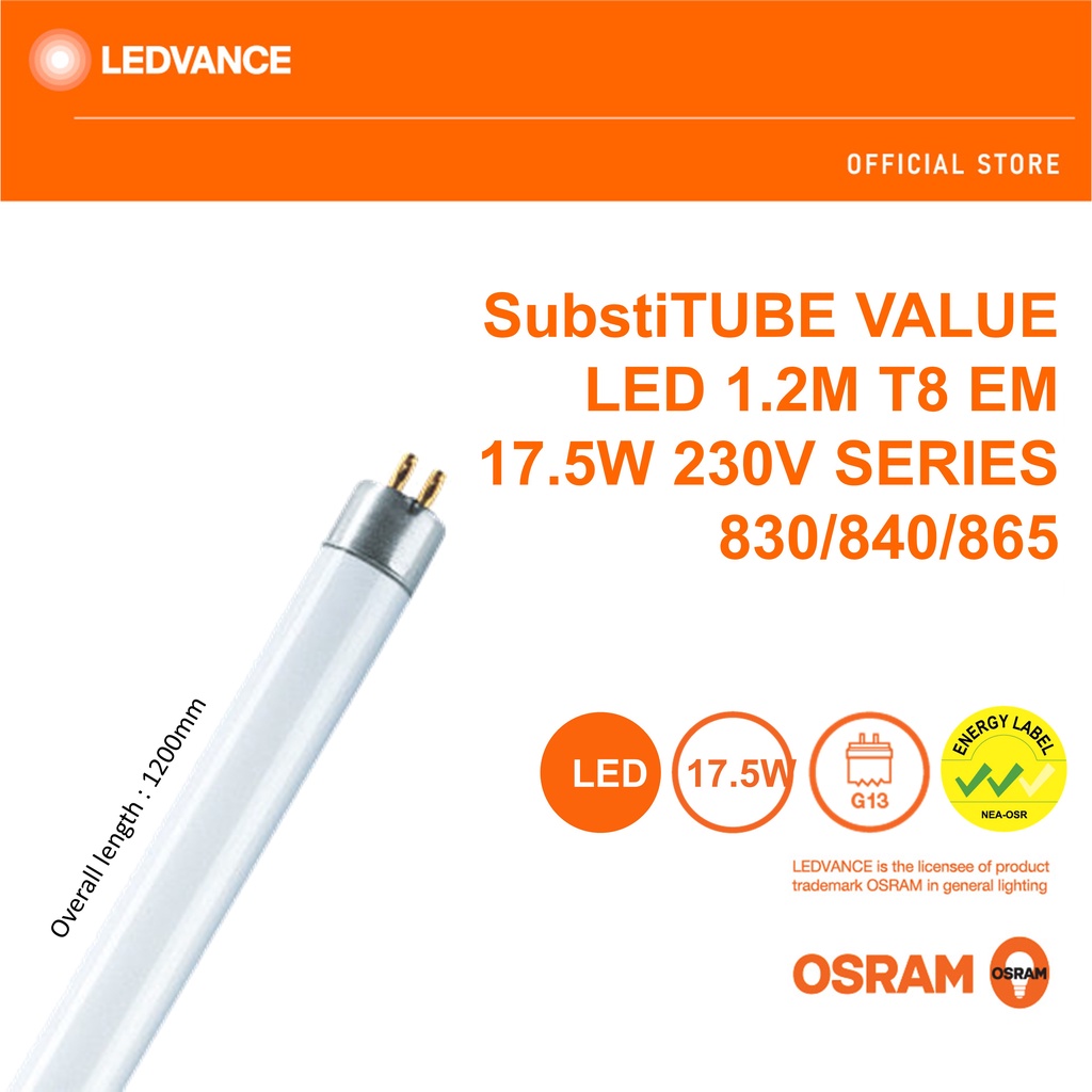 OSRAM LED SubstiTUBE T8 ST8V-EM 17.5W 1.2M (3000K/4000K/6500K) [ONLY SUITABLE for Single Ended ...