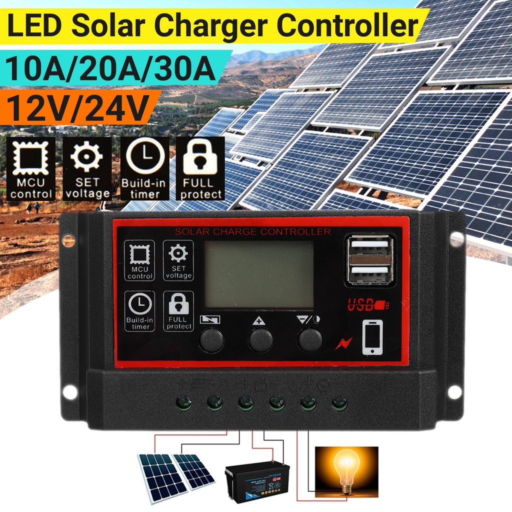 10A-60A 12/24V Solar Charge Controller Dual USB LCD Display Auto PWM Solar Panel Battery ...