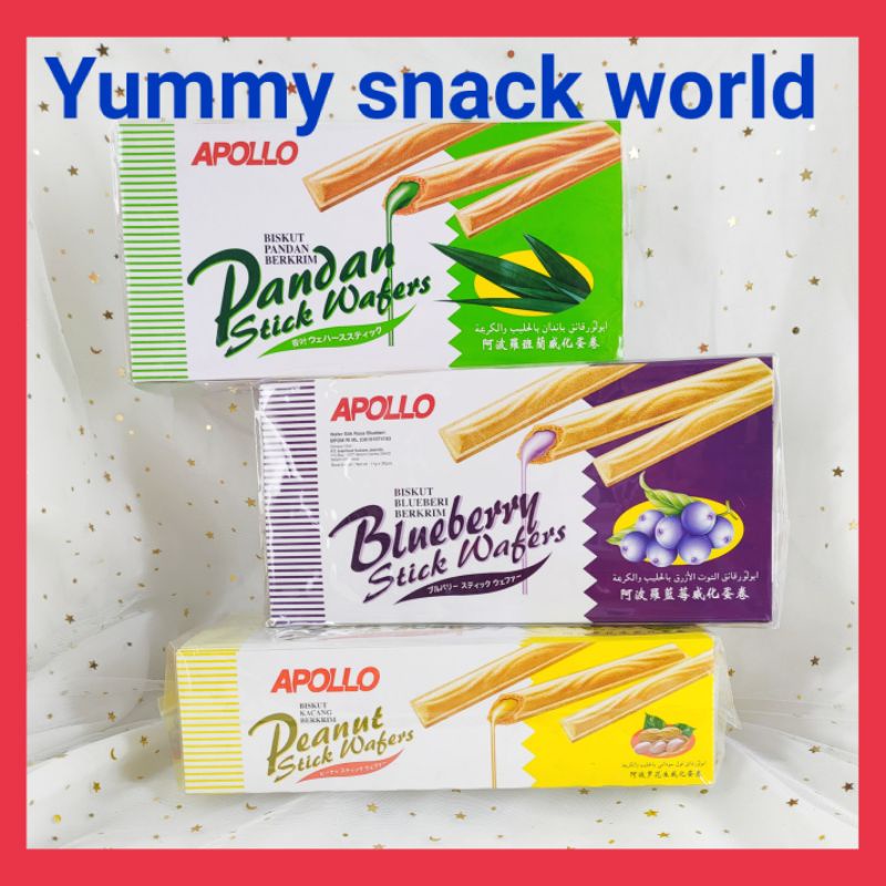 Apollo Stick Pandan/Peanut/Blueberry Wafers/Apollo Banut/Peanut/Blueberry Wafer Roll 11g x 30 ...