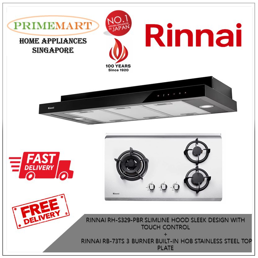 RINNAI RH-S329-PBR SLIMLINE HOOD + RINNAI RB-73TS 3 BURNER BUILT-IN HOB BUNDLE DEAL ...