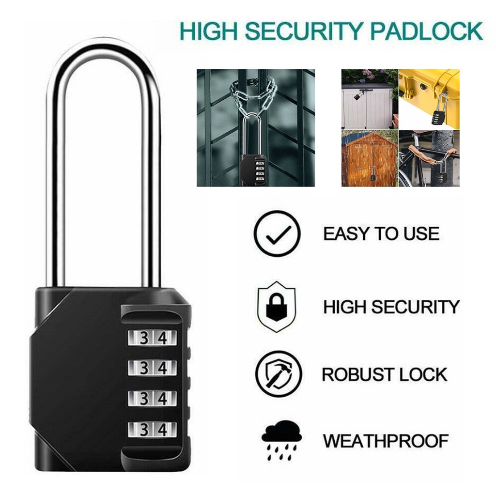Combination Lock Waterproof Padlock With Extra Long Shackle Loop 4 ...