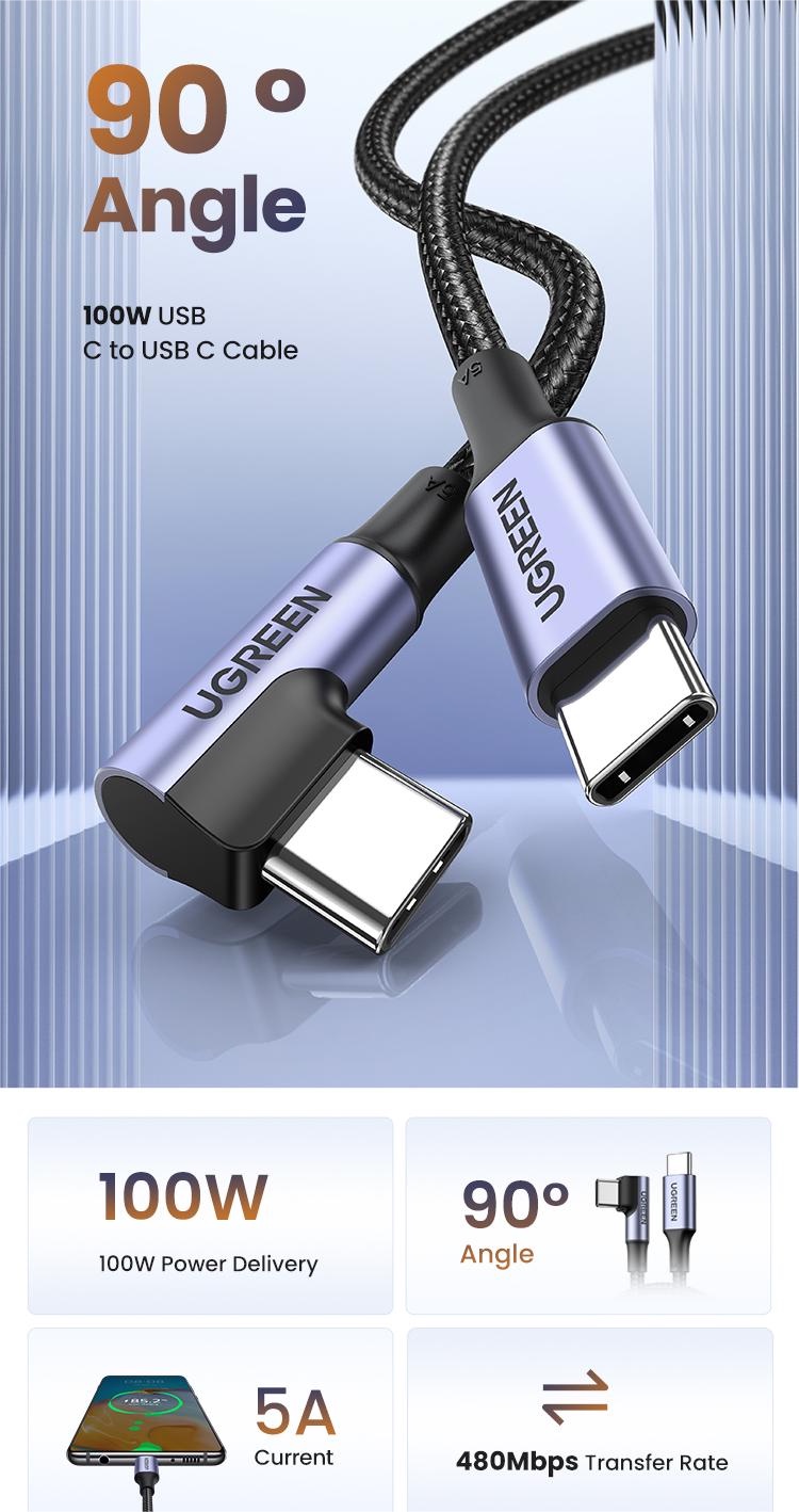 UGREEN 100W 5A USB C to USB C Cable Right Angle PD Fast Charge Type C 90 Degree Power Data Cable ...