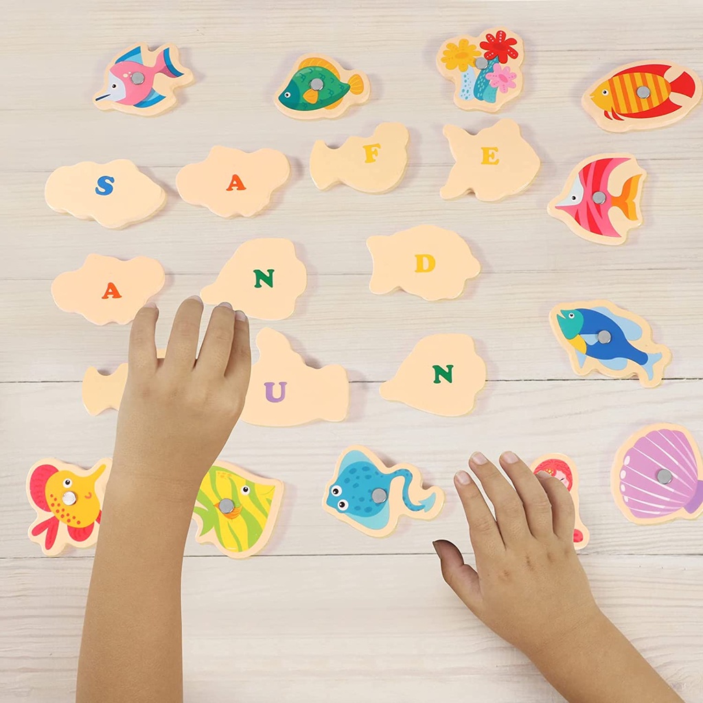 Wooden Fishing Game Toys Set with Fish Rod Cartoon Marine Life ...