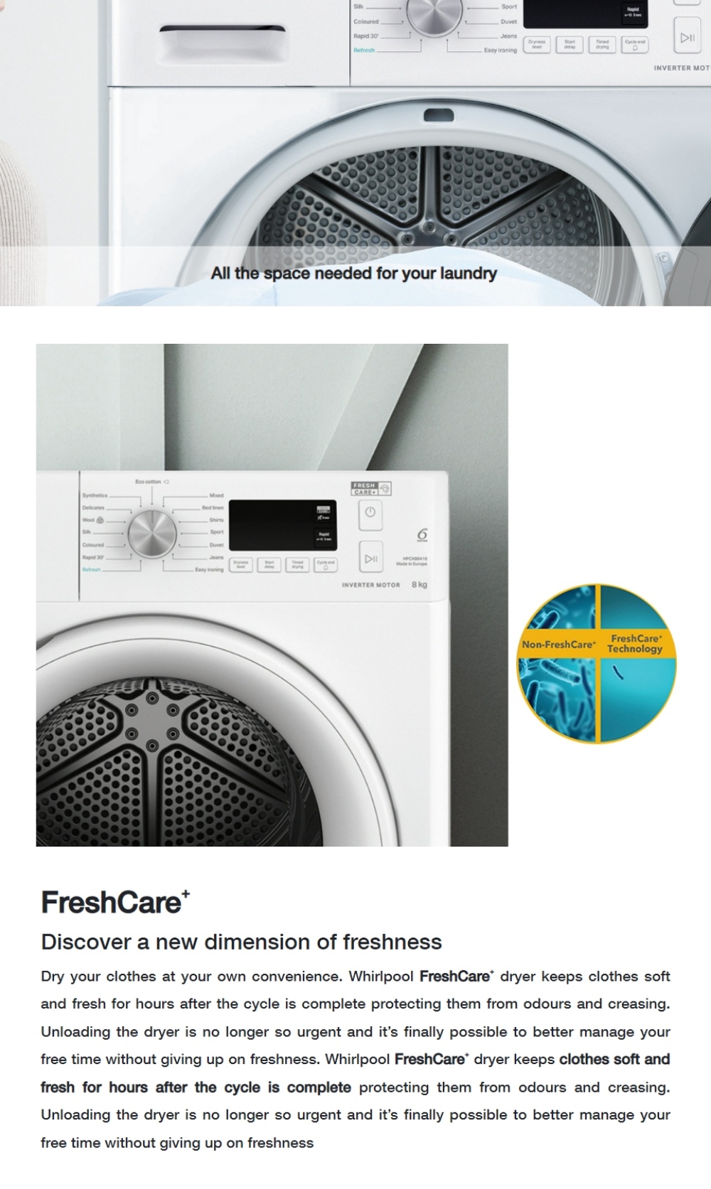 Whirlpool HFCX80410 Freshcare+ 8kg Heat Pump Dryer with 2 Years Warranty | Shopee Singapore
