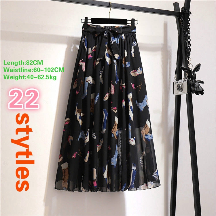 Fashion Chiffon floral women's maxi skirt Korean lace-up high waist A ...