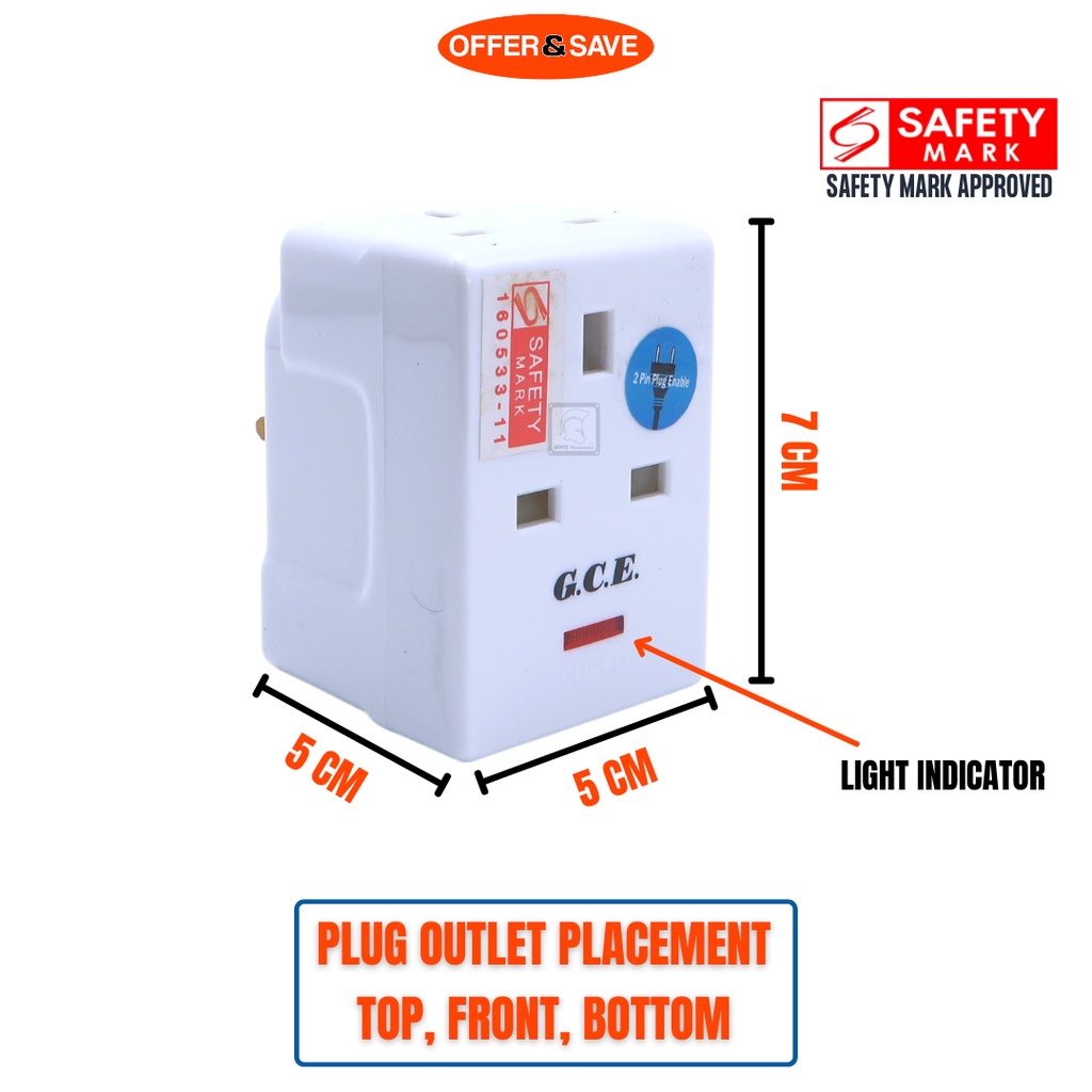 3 Way Multi Adaptor / Plug / 2 Pin Direct / With Neon Indicator ...