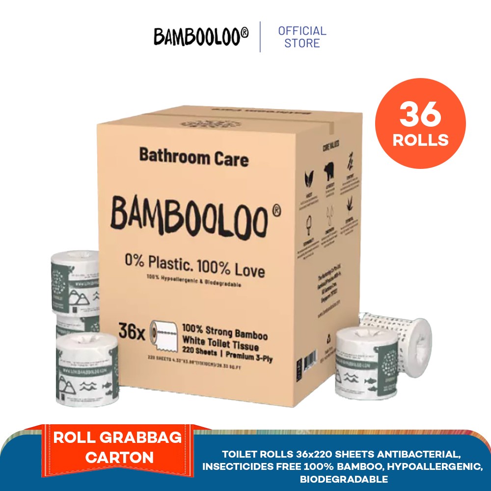 BAMBOOLOO 100% Bamboo 36 Toilet Roll Carton - 36x220 Sheets 3 Ply, 36 ...