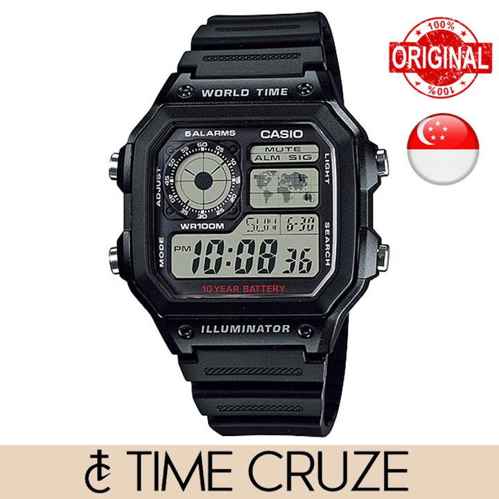 [Time Cruze] Casio AE-1200 World Time Illuminator Black Digital Sports Men Watch AE-1200WH-1AVDF ...
