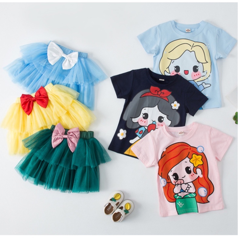 Summer New Girls Two-piece Princess Cartoon Short-sleeved T-shirt Mesh ...