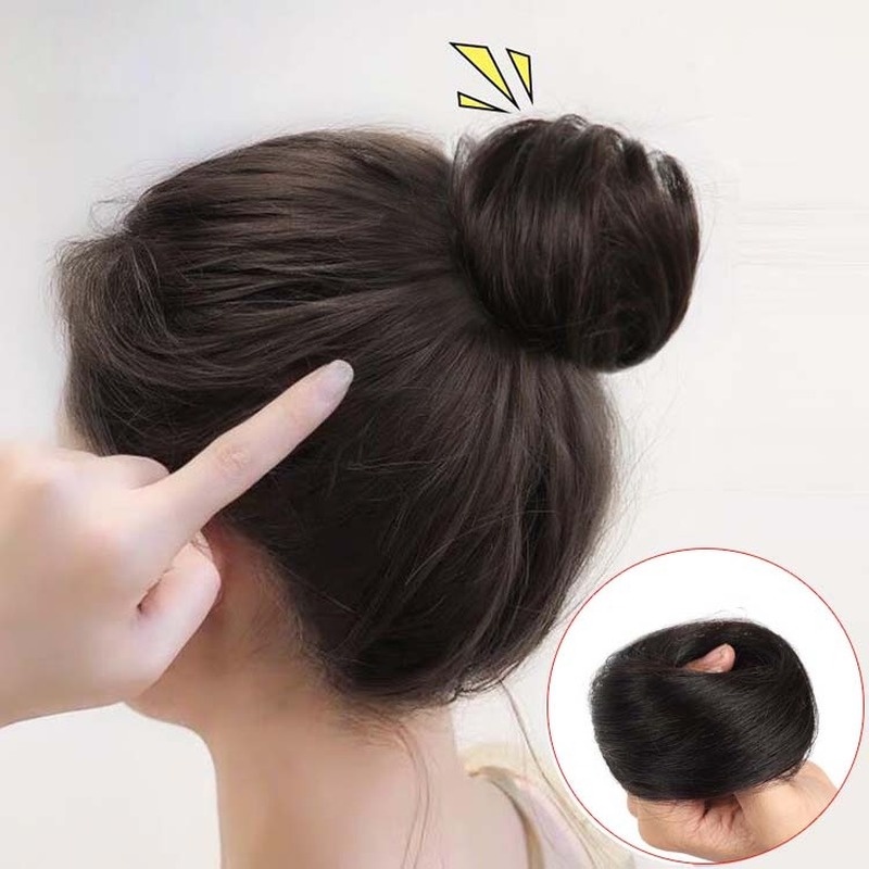 Women 100% Real Human Hair Straight Messy Hair Bun Scrunchie Chignon ...