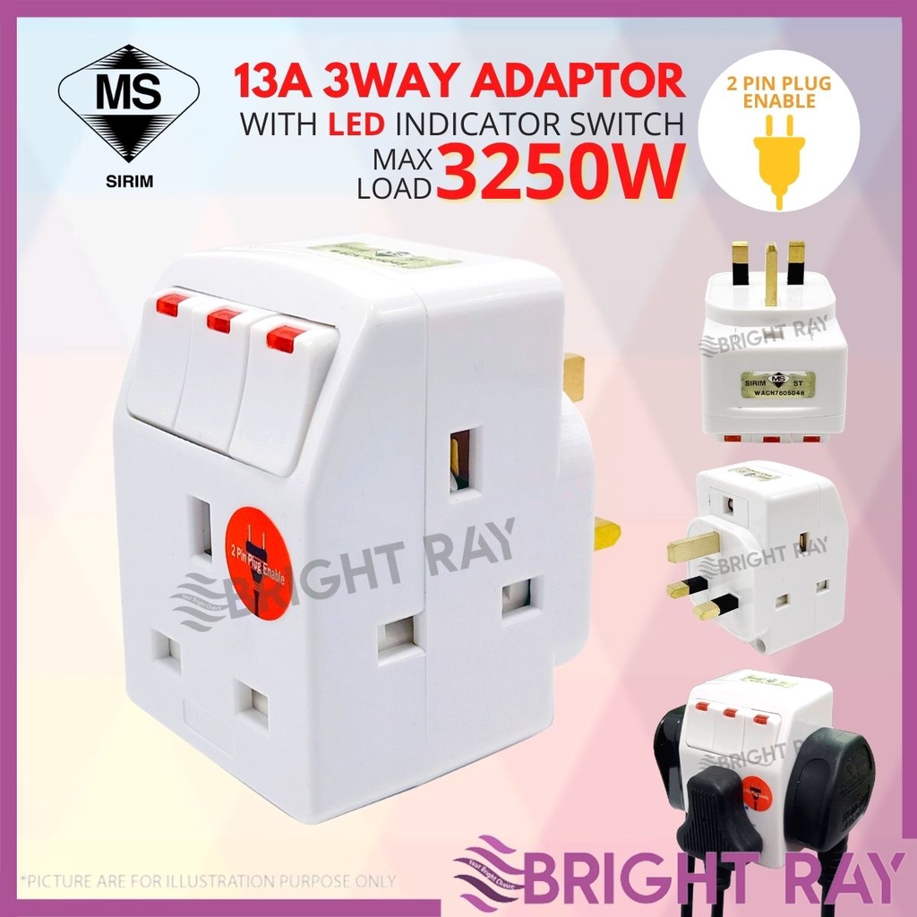 D131N / 131UK 13A 3Way Adaptor with LED Indicator Switch Extension Plug ...