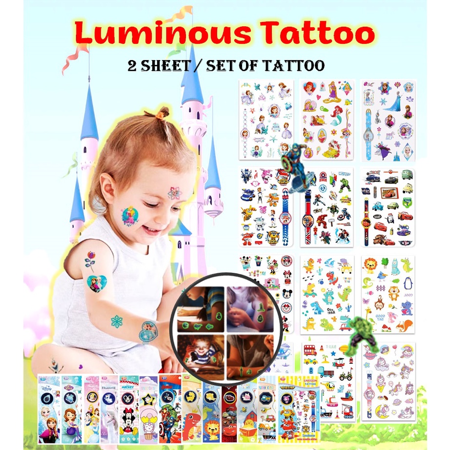 💖🦄🦁 2 SHEET/Set Luminous Stickers Tattoo 💖 Frozen Animals Avengers ...