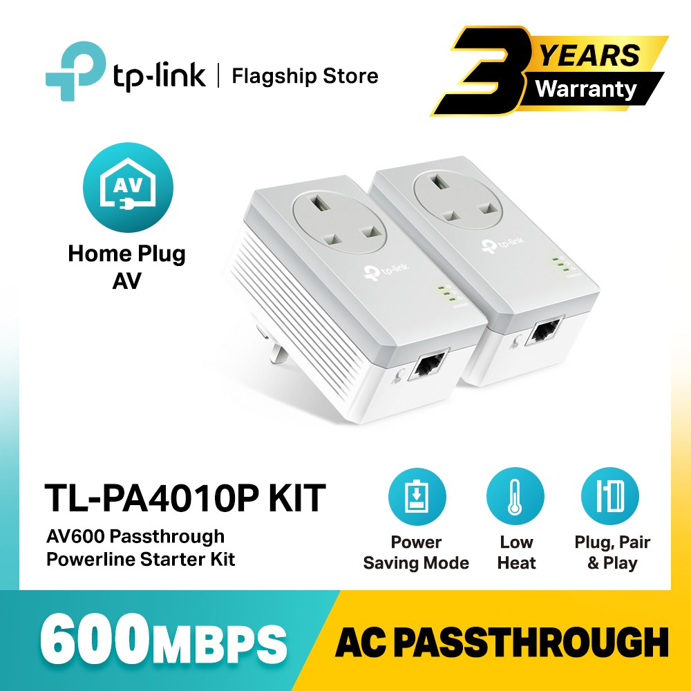 TP-LINK TL-PA4010P KIT AV600 HomePlug Passthrough Powerline Kit (Plug ...