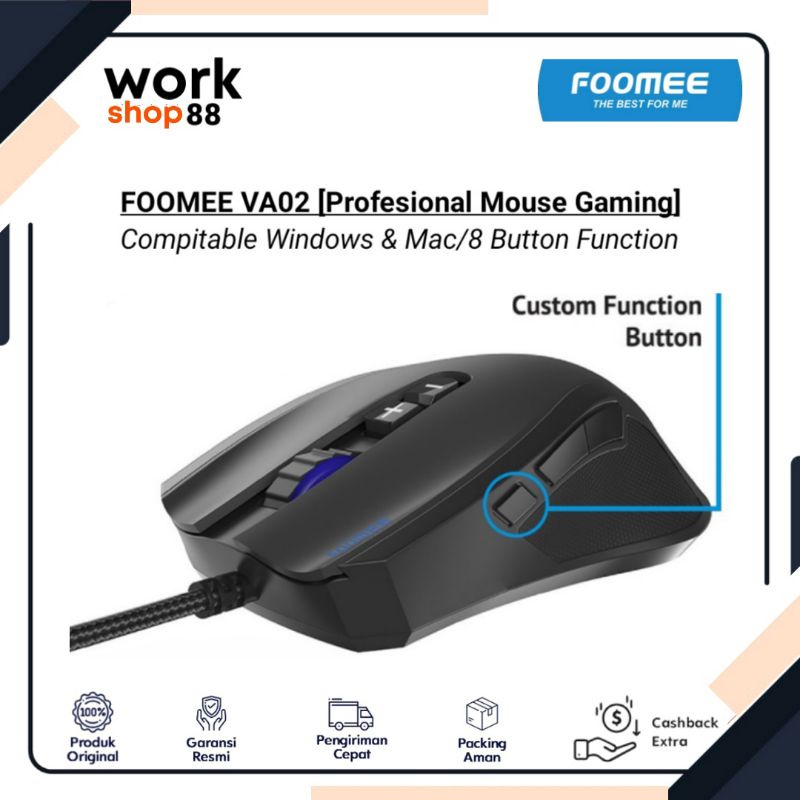 HITAM New FOOMEE VA02 Mause Gaming Mouse 6400 DPI RGB - New Original ...