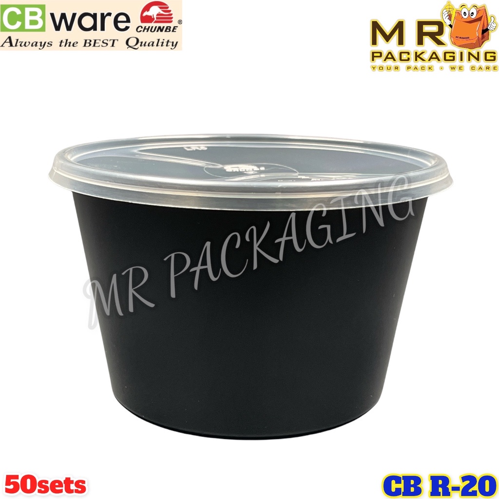 CB R20 Black Round Container With Lid ( 50sets± ) 20oz Disposable PP ...
