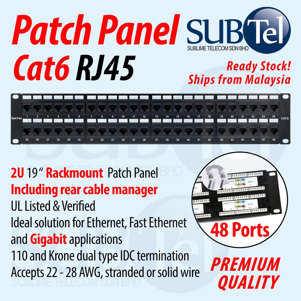 48-Port Cat6 RJ45 19" 2U Rack Mount Patch Panel Rackmount 19inch UTP 48 ...