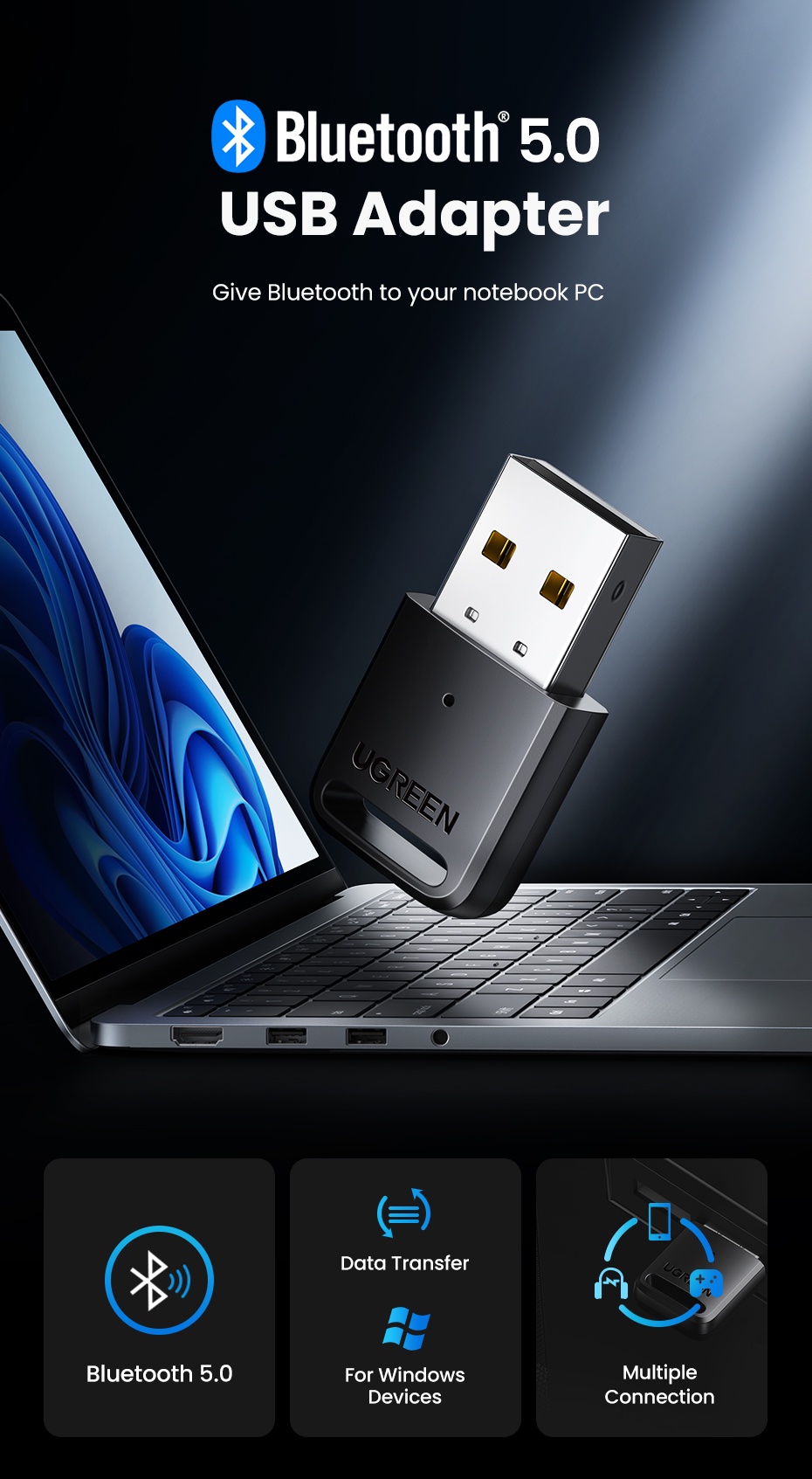 UGREEN USB Bluetooth 5.0/5.3 Adapter Upgraded Dongle Transmitter ...