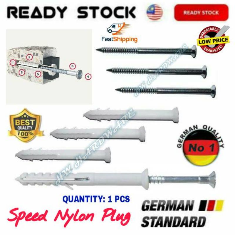 Speed Anchor Nylon Wall Plug With Screw Nail WallPlug / Plak Perabot 6MM/8MM X 40MM ~ 100MM (1 ...