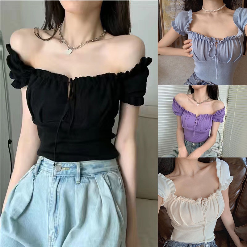 Chic Off Shoulder Top Women's Drawstring Short Sleeve Tank Top | Shopee ...