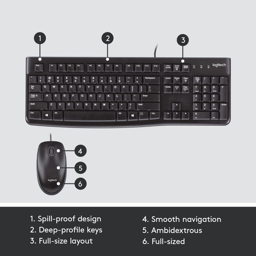Logitech MK120 USB Wired Keyboard and Mouse Combo - EBL (Whisper-quiet ...