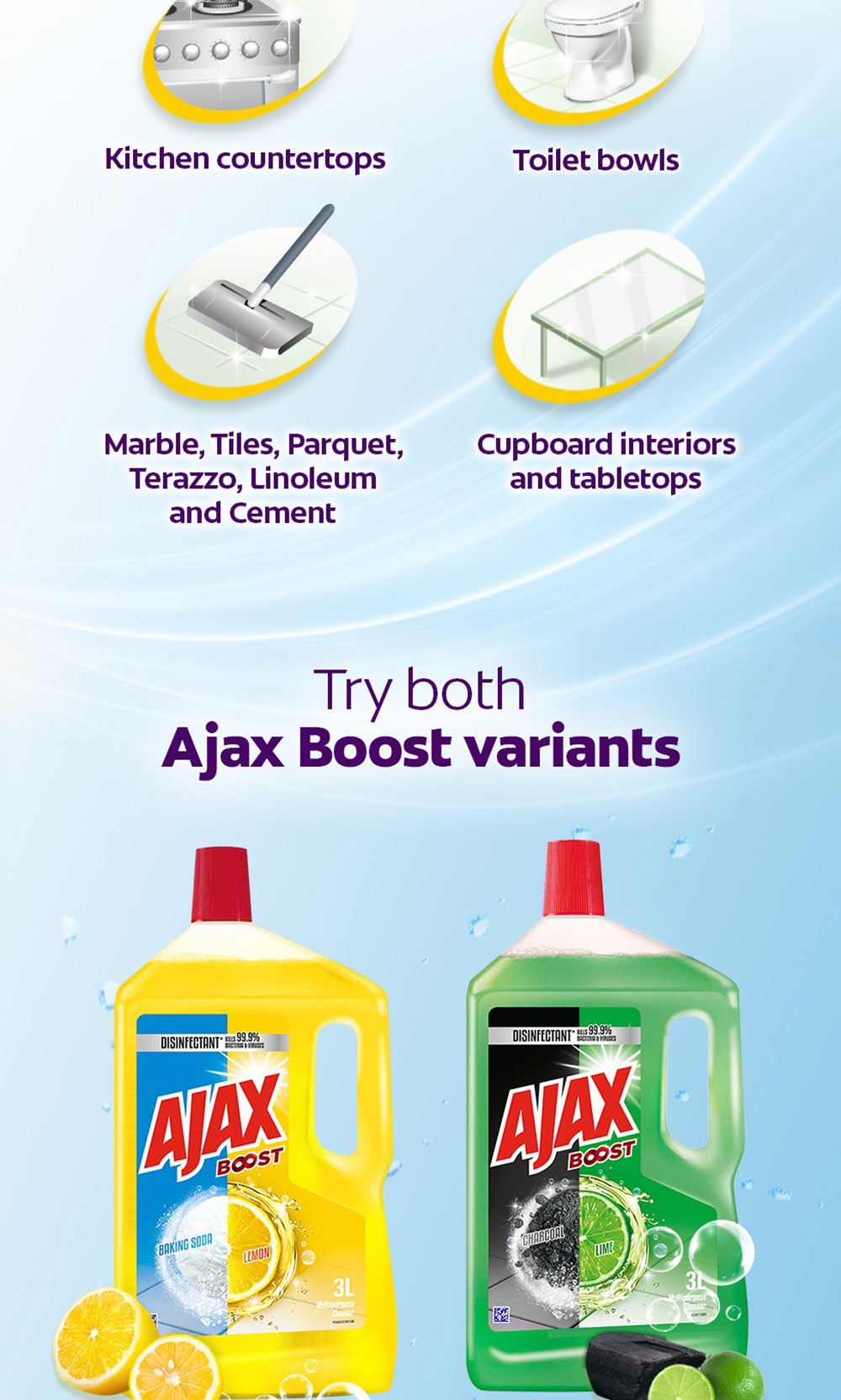 Ajax Boost Lemon & Baking/Charc & Lime Multi Purpose Disinfectant Floor ...