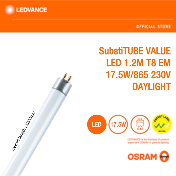 OSRAM LED SubstiTUBE T8 ST8V-EM 17.5W 1.2M (3000K/4000K/6500K) [ONLY SUITABLE for Single Ended ...