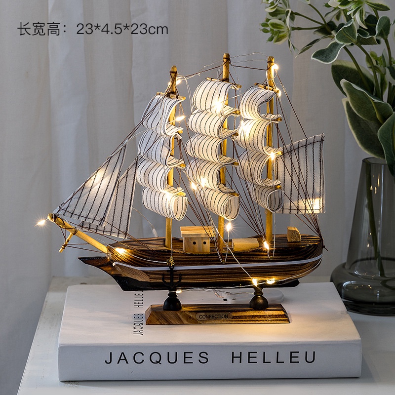 Handmade Wooden Ship Model with Light Strip Coastal Table Decoration ...