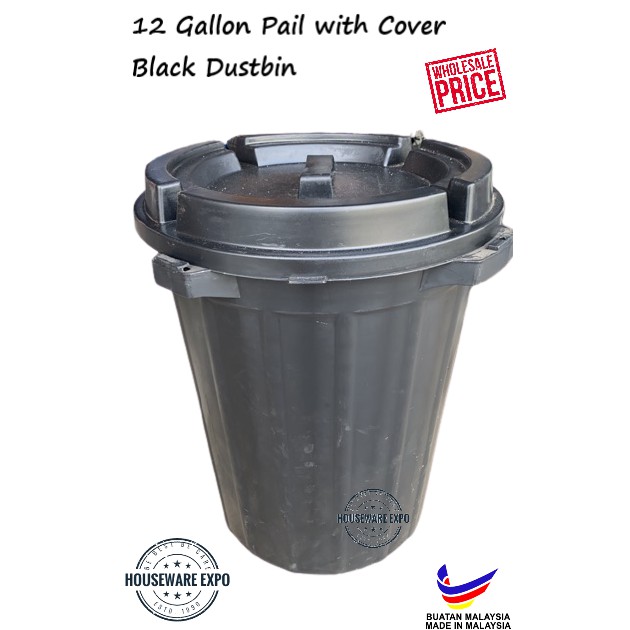 12 Gallon Pail with Cover Black Dustbin / Plastic Garbage with Cover ...